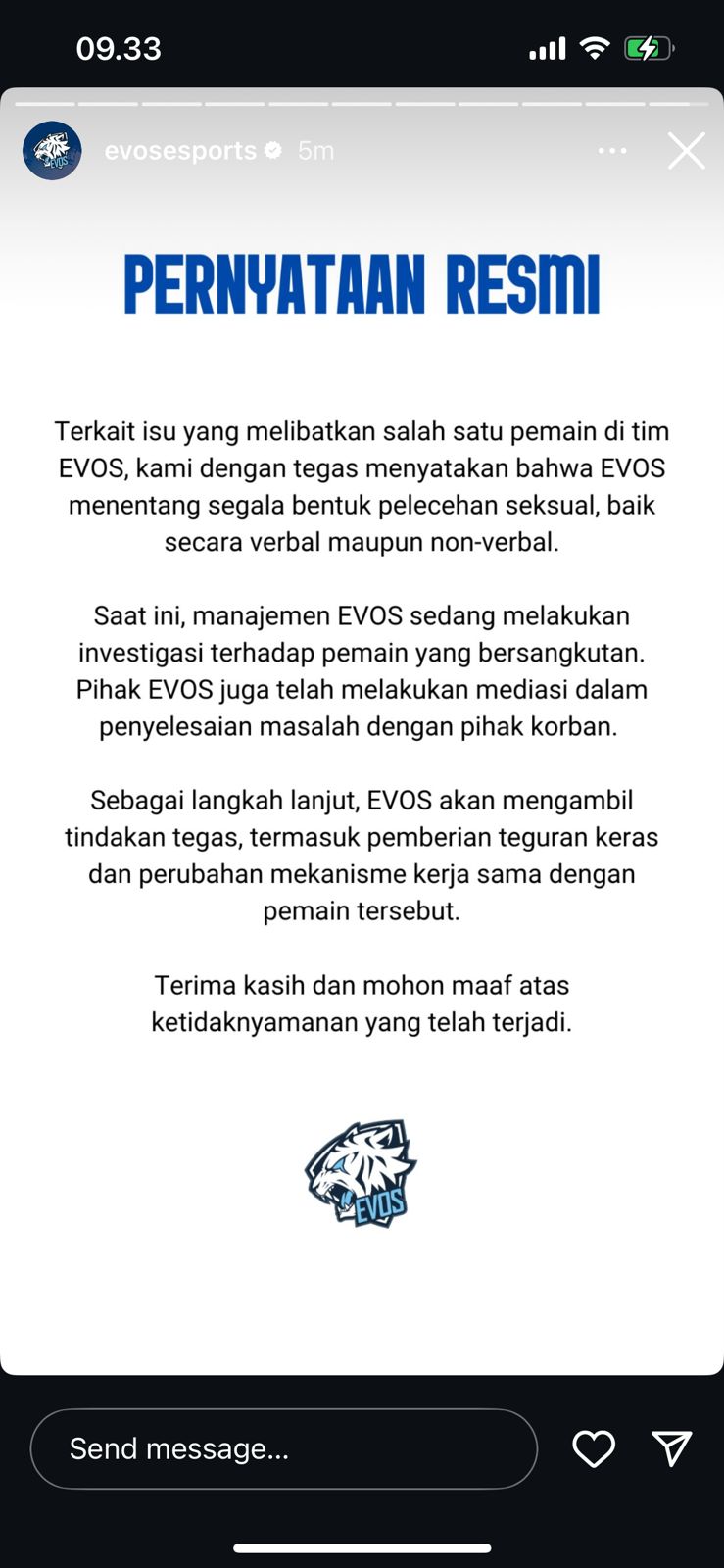 Terkait masalah EVOS Depezet, Macan Putih bikin pernyataan | ONE ...